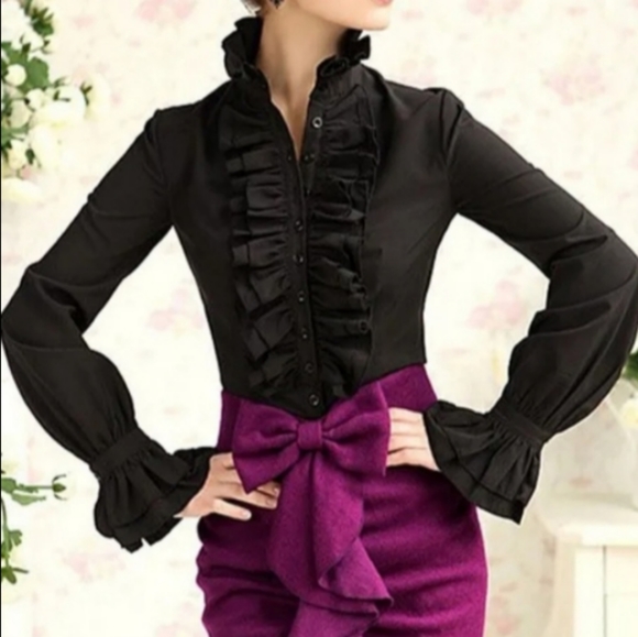 Tops | Ls Deep V Neck Victorian Button Ruffled Front Closure Blouse ...